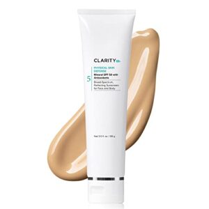 clarityrx physical skin defense tinted mineral spf 50 moisturizing sunscreen, natural plant-based water-resistant uv protection with zinc & hyaluronic acid for face & body (3.5 oz)