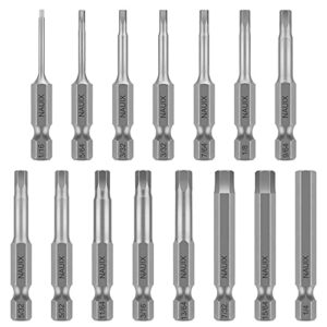 nauix 15 piece hex head allen wrench drill bit set, 1/4 inch hex shank sae s2 steel hex bit set, magnetic tips 50mm long