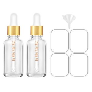 bumobum dropper bottle clear 1 oz, 30 ml glass dropper bottles with measurement and golden top cap for essential oils, 2 pack tincture bottle with labels and funnel