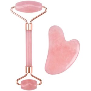 ideayard face roller and gua sha set - jade roller anti aging massager tool - natural jade roller for face and guasha stone for body - beauty roller skin care tools kit for slimming & firming（pink）