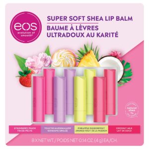 eos super soft shea lip balm, 8 pack, 2 strawberry peach, 2 toasted marshmallow, 2 pineapple passionfruit, 2 coconut milk