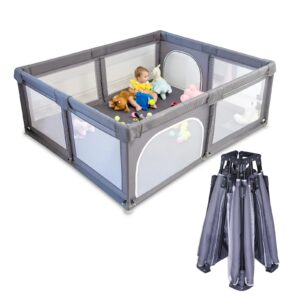 foldable baby playpen with mat, 50x50inch playpen for babies and toddlers,portable play pen with 30pcs ocean balls and 4 handlers indoor & outdoor. (59x59in)