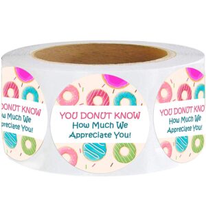 donut know how much we appreciate you stickers,donut appreciation stickers,1.5 inch teacher,staff,or employee appreciation thank you sticker,great for envelope seals and gift bags