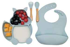 silione baby feeding set including baby suction plate/todder plates for self feeding training with divided design/soft spoon/fork/adjustable bib toddler dish kit(grey c)