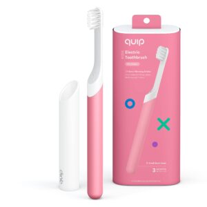 quip sonic toothbrush for kids - timed electric toothbrush with small replaceable brush head - soft bristles, rubber handle, 3 month battery life - travel toothbrush - pink