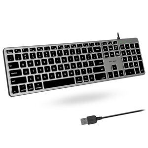 macally backlit mac keyboard wired - quiet, sleek, and functional - 3 brightness levels, 107 keys - 5ft usb wired apple keyboard - backlit wired keyboard for mac, imac, macbook pro/air - space gray