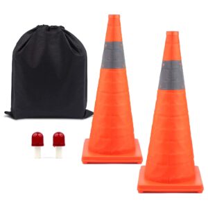 battife [2 pack] 28 inch collapsible traffic safety cones, orange cones, multi purpose pop-up cones with reflective collar, for road parking, driving practice