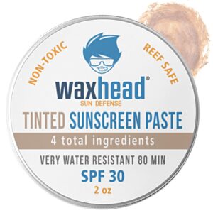 waxhead tinted zinc oxide sunscreen face, spf 30 reef safe non-toxic sunscreen surf zinc sunblock, travel waterproof for swimming, lifeguard, sports, organic sun block colored face scar (tint 2oz tin)