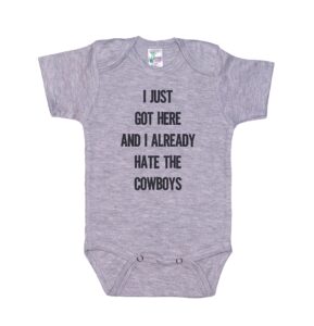 ebenezer fire i just got here and i already hate the cowboys/eagles onesie/vikings baby outfit/washington bodysuit (grey short sleeve, 0-3m)