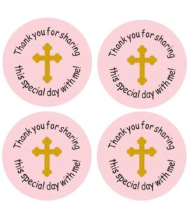 50 pack of 2" round cross thank you stickers labels candy sticker labels for religious party, baptism, confirmation, christening, first communion, birthday party (pink)