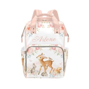 yeshop deer bunny floral pink woodland multi-function personalized diaper bag backpack tote with name,custom travel nappy mommy for baby girl boy gift, 10.83 inches * 6.69 inches* 15