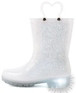 outee toddler girls rain boots kids baby light up glitter waterproof rubber mud shoes lightweight sparkle silver adorable with easy-on handles non slip (size 9,silver)