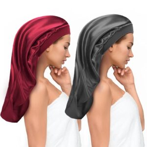 aquior large satin bonnet sleep cap, 2 pcs long silk bonnet for braids bonnets for black women no fading silk elastic well-sealed band hair cap