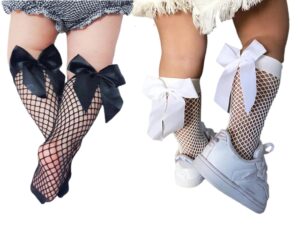 ayiyo toddler kids girls fishnet stockings mesh fancy sock glitter tights summer dress socks 2 pairs (black+white, 1_year)