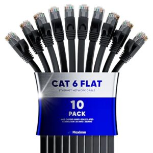 cat6 ethernet cable 1ft, 10-pack black - flat high-speed network cables for gaming, streaming, router, modem, pc, ps5, xbox - durable & space-saving design