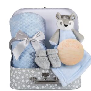 baby boy gift set new born baby gift baby blue deer fawn security blanket soft fleece, suitcase keepsake box blanket booties & baby gift basket – unique present for baby shower & newborn lovey welcome