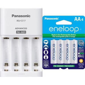 eneloop panasonic advanced 4-cell battery charger bq-cc17sba white & ni-mh aa battery bk-3mcca4ba 1.2v 4pk rechargeable