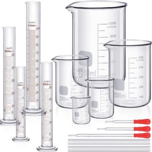 glass or plastic graduated cylinder beaker set, thick lab cylinders (10 ml, 25 ml, 50 ml, 100 ml), beaker (50 ml, 100 ml, 250 ml, 500 ml, 1000 ml) with 3 dropper 4 stirring rod 7.9 inch(glass)