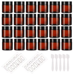 24 pack 2oz amber glass jars with black lids, round empty containers for scrubs, lotions, cosmetic, and ointments, travel storage jar with white inner liners, lables and spatulas