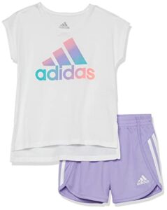 adidas girls 2 piece graphic tee & mesh short set, white with purple, 2t