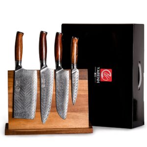 yarenh knife set with magnetic block 5 piece, professional kitchen knife set, 73 layers damascus high carbon stainless steel, natural sandalwood handle, sharp chef knife