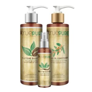 truepure hair bundle - caffeine shampoo 8oz + argan oil conditioner 8oz + biotin hair growth serum 2oz