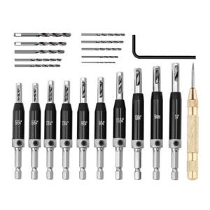 22pcs self centering drill bit set, door window cabinet hinge hardware drill bits, 10 tapper core hole puncher with 10 replacement drill bits & hex key & center punch