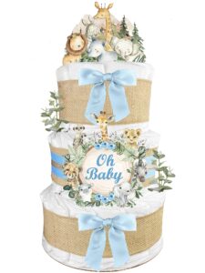 sunshine gift baskets safari diaper cake - boy gift - burlap & blue - 42 pampers swaddlers size 1 (8-14lbs.) - large 3-tier 10in. x 10in. x 16in. tall