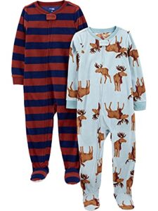 simple joys by carter's baby boys holiday loose-fit flame resistant fleece footed pajamas and toddler sleepers, burgundy stripe/light blue moose, 12 months us