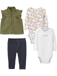 simple joys by carter's baby girls' 4-piece bodysuit and vest set, grey/indigo/olive/white floral, 18 months