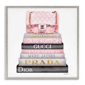 stupell industries watercolor high fashion bookstack padded pink bag, design by amanda greenwood wall art, 17 x 17, gray framed