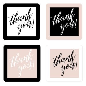 mobiusea creation thank you stickers roll | modern minimalist | pink square 1.5 inch | waterproof | 500 labels for small business supplies, packaging, bubble mailer seal stickers, gift bags