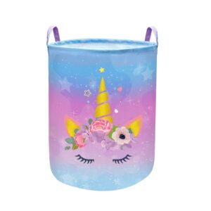 unicorn laundry basket hamper large sized round storage basket waterproof bin collapsible laundry basket for room organizer, bedroom nursery playroom clothes (43.3l cute unicorn laundry)