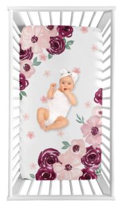 sweet jojo designs burgundy watercolor floral girl fitted crib sheet baby or toddler bed nursery photo op - blush pink, maroon, wine, rose, green and white shabby chic flower farmhouse