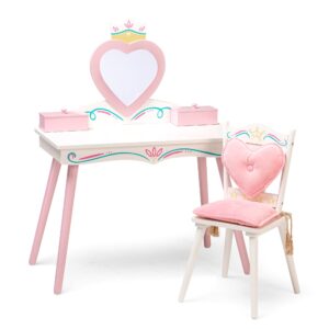 wildkin kids princess wooden vanity and chair set for girls, vanity features mirror and attached jewelry box and music box, includes matching chair with removable backrest and seat cushion (white)