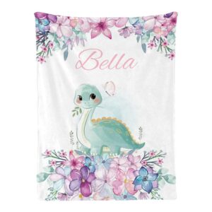 floral watercolor baby dinosaur baby blanket with name custom personalized super soft nursery fleece throw blankets for newborns baby shower girls kids birthday gift 30 x 40 inch