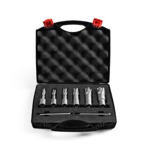 annular cutter set carbide 8pcs jestuous 3/4 inch weldon shank 1-3/8 cutting depth and cutting diameter from 1/2 to 1-1/16 two flat tct bit for drill press with 2 pilot pins