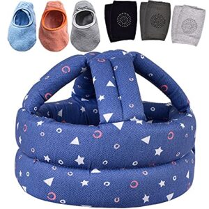 baby safety helmet, infant baby head protector with 3 pairs baby knee pads for crawling & 3 pairs baby socks, head cushion bumper bonnet, soft headguard for toddler learning to walk, geometric blue