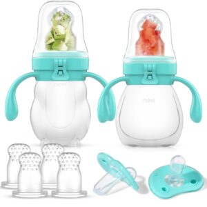 ncvi baby fruit feeder | fresh food pacifier | silicone teething relief toy, appetite stimulation for feeding, bpa free, 6 replacement nipple, 2pack (bear&rabbit)