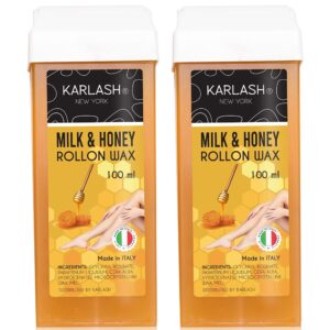 karlash professional roll on wax, depilatory hair wax removal for body hair, legs, arms hair removal wax cartridge 100 ml - made in italy - 2 pieces (honey)