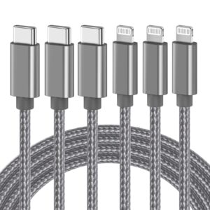 novtech usb c to lightning cable 6ft [mfi certified] 3 pack 3a super fast iphone charger, rapid braided type c charging cord for iphone 14 13 12 11 pro max plus mini xr xs x 8 ipad airpods, gray