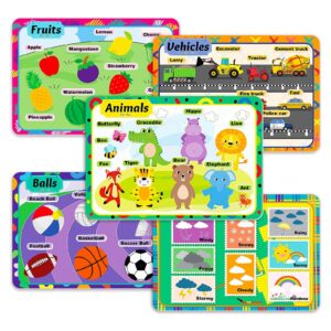 teytoy kids placemats set of 5, laminated toddler educational learning table place mats, ball weather animal fruit vehicle, children montessori eat mat non slip waterproof heat resistant