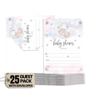 paper clever party unicorn invitations with envelopes - 25 pack - 5x7 blank cards for girls baby shower handwrite personalized party details - rainbow theme