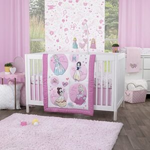 disney princess - dare to dream pink and white, castle, hearts and stars 3 piece nursery crib bedding set - comforter, fitted crib sheet, and crib skirt