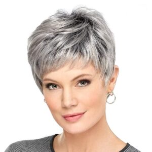 gray wigs for women, temperament, oblique bangs, texture, fluffy short hair, black gradient silver, middle-aged and elderly women’s, natural hair wig for daily use, suitable for girls and women