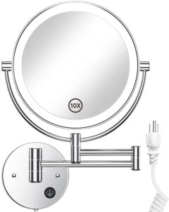 gospire 8.5" wall mounted lighted magnifying mirror, 1x/10x double-sided magnification round led cosmetic vanity bathroom mirror extendable arm 360° swivel for shaving makeup