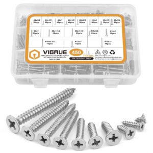 vigrue 450pcs stainless steel wood screws set #4#6#8#10#12 phillips flat head sheet metal screw self tapping screws assortment kit, length 1/4" to 2"