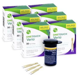 onetouch verio test strips for diabetes value pack - 180 count - for blood sugar monitor - home self glucose testing - 6 boxes, 30 strips per pack