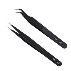 mioblet modern 2pcs straight and curved pointed tweezers for eyelash extension - nail sticker rhinestones gems picker - stainless steel precision tweezers