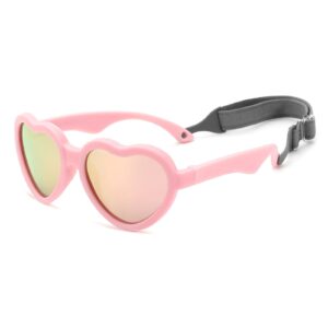 coasion baby's first sunglasses with strap, unbreakable polarized newborn infant heart sunglasses for ages 0-24 months (pink frame/pink mirrored lens)